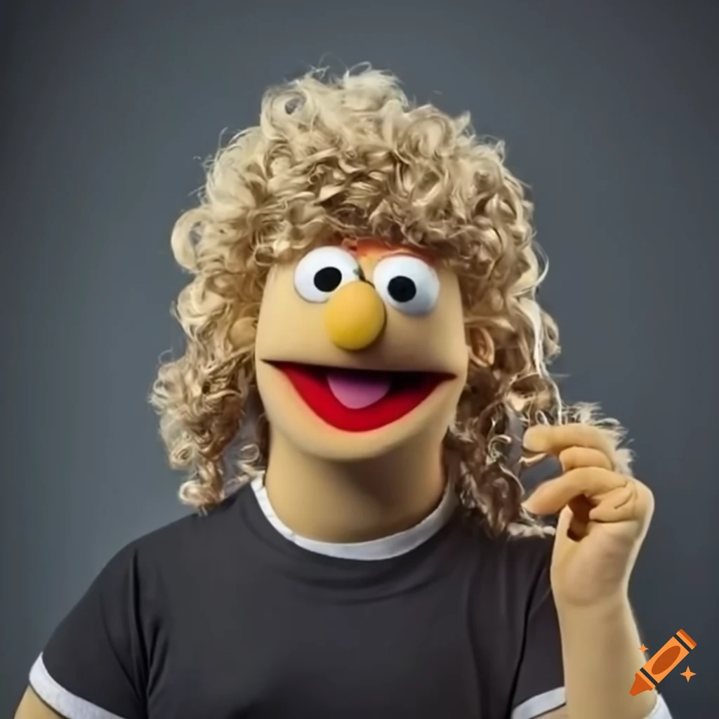 Male muppet with blond curly mullet in black t-shirt on Craiyon