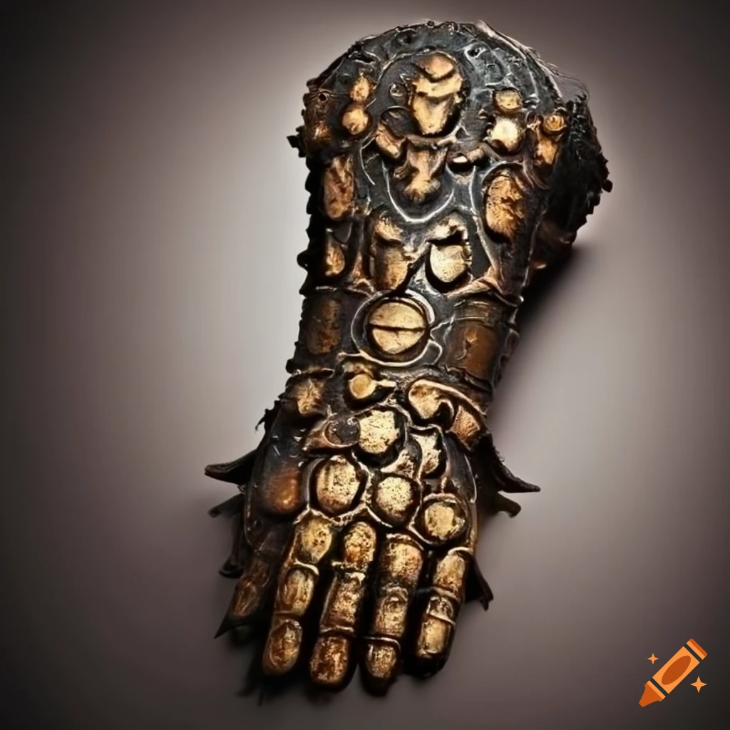 Ancient ornate metal gauntlet engraved with symbols on Craiyon