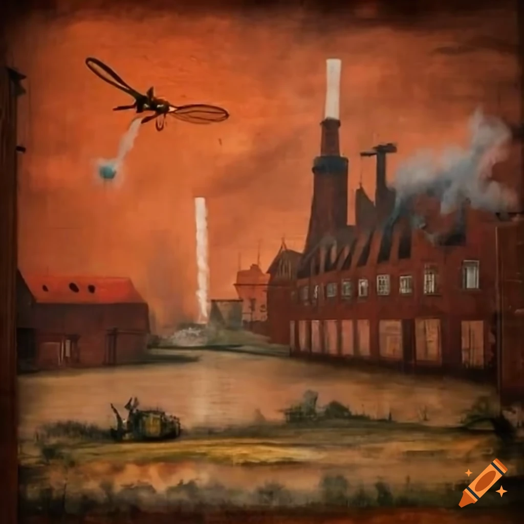 Vintage steam-powered ornithopter flying over red brick factories on ...