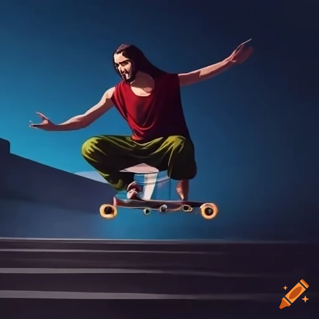 Jesus Christ skateboarding down a hill on Craiyon