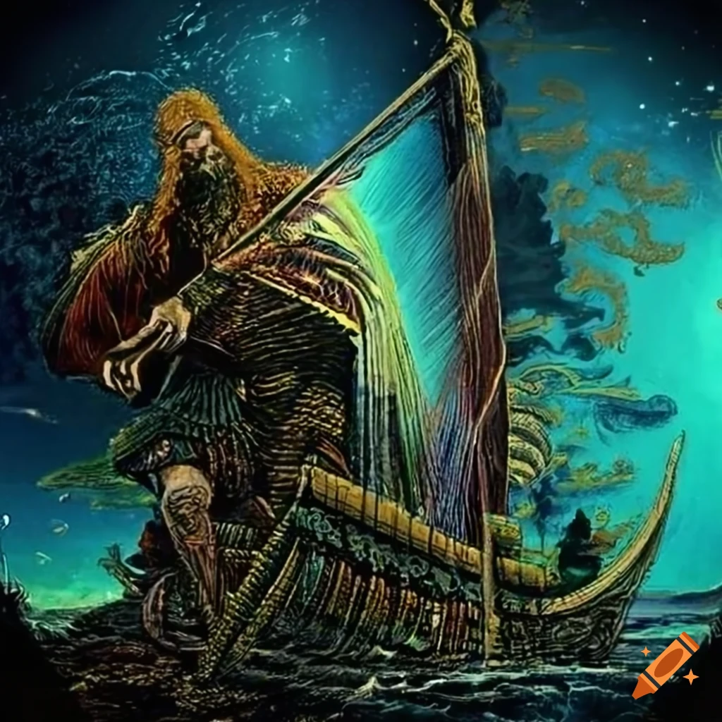 Illustration of viking japanese samurai sailing through a lush jungle ...