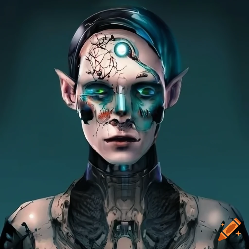 Half human and half cyborg in a futuristic cityscape on Craiyon