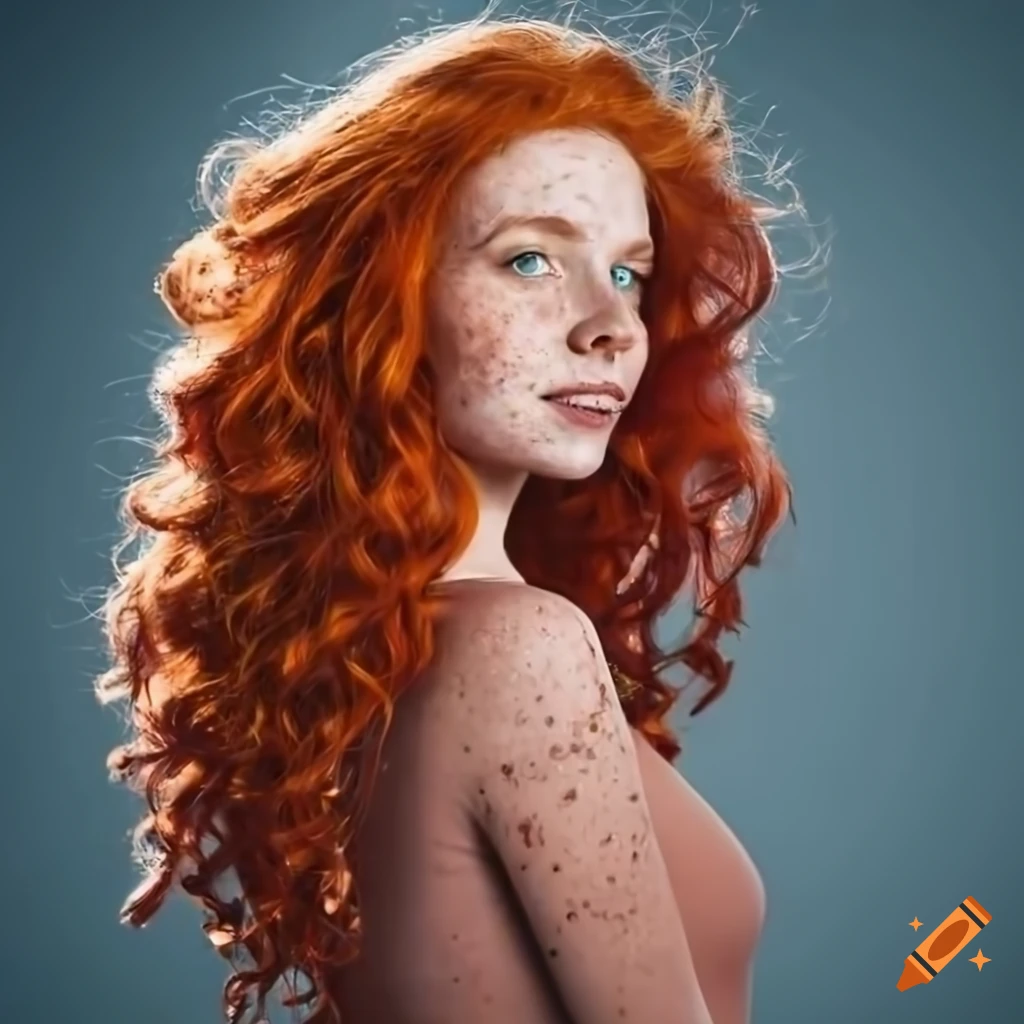 Portrait Of A Beautiful Redhead Woman With Freckles And Green Eyes In