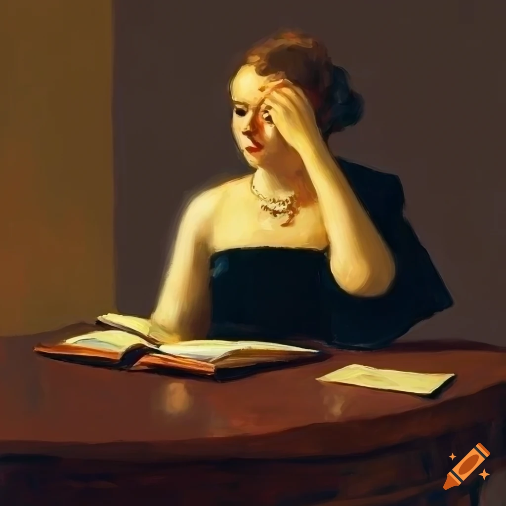 Elegant woman reading in a dimly lit room inspired by Edouard Hopper's ...