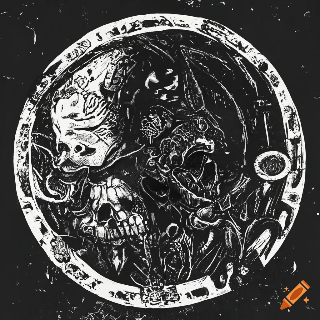 Black-and-white woodblock print of a cryptic space station resembling a ...