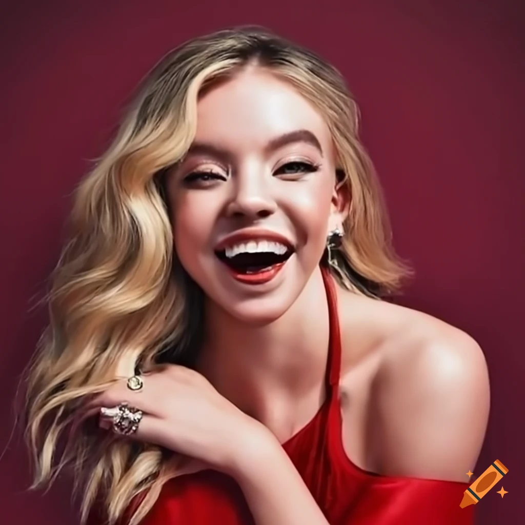 Sydney sweeney laughing in a red dress on the red carpet on Craiyon