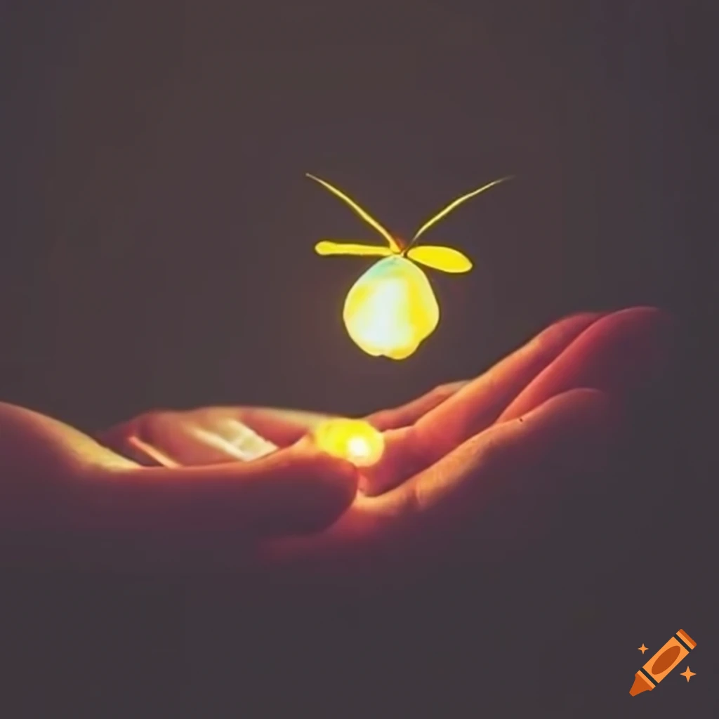 Person holding a glowing firefly during a night walk on Craiyon