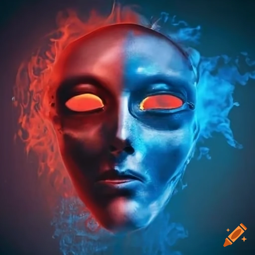 Burning blue and red masks emerging from water on Craiyon