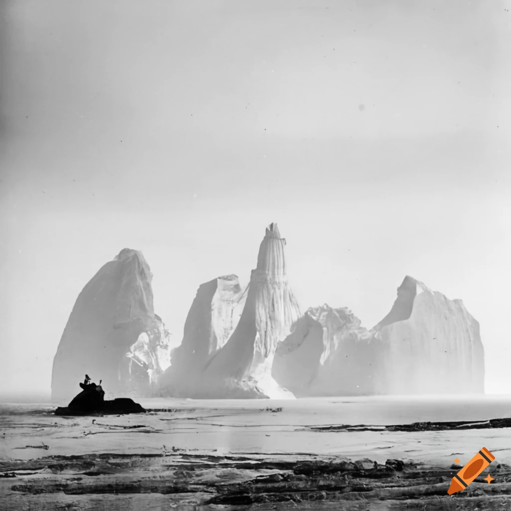 Ancient structures in antarctic backdrop from 1930s expedition on Craiyon