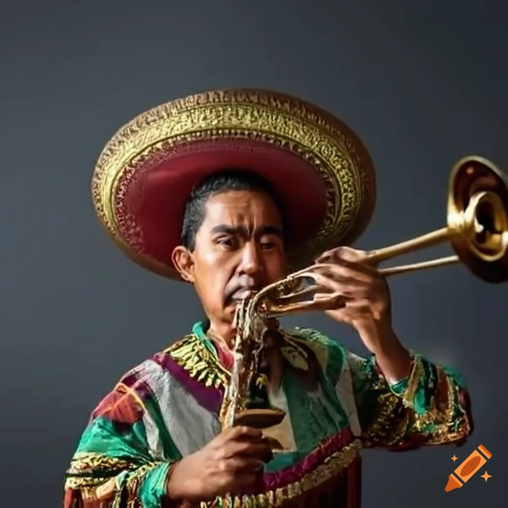 Mexican man dancing and playing multiple trumpets on Craiyon