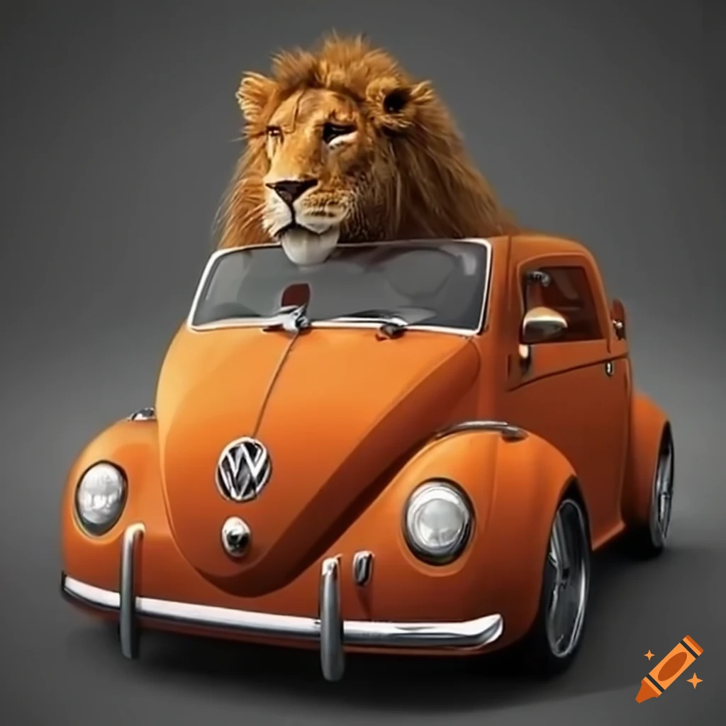 Orange lion bidding farewell to a vw car on Craiyon