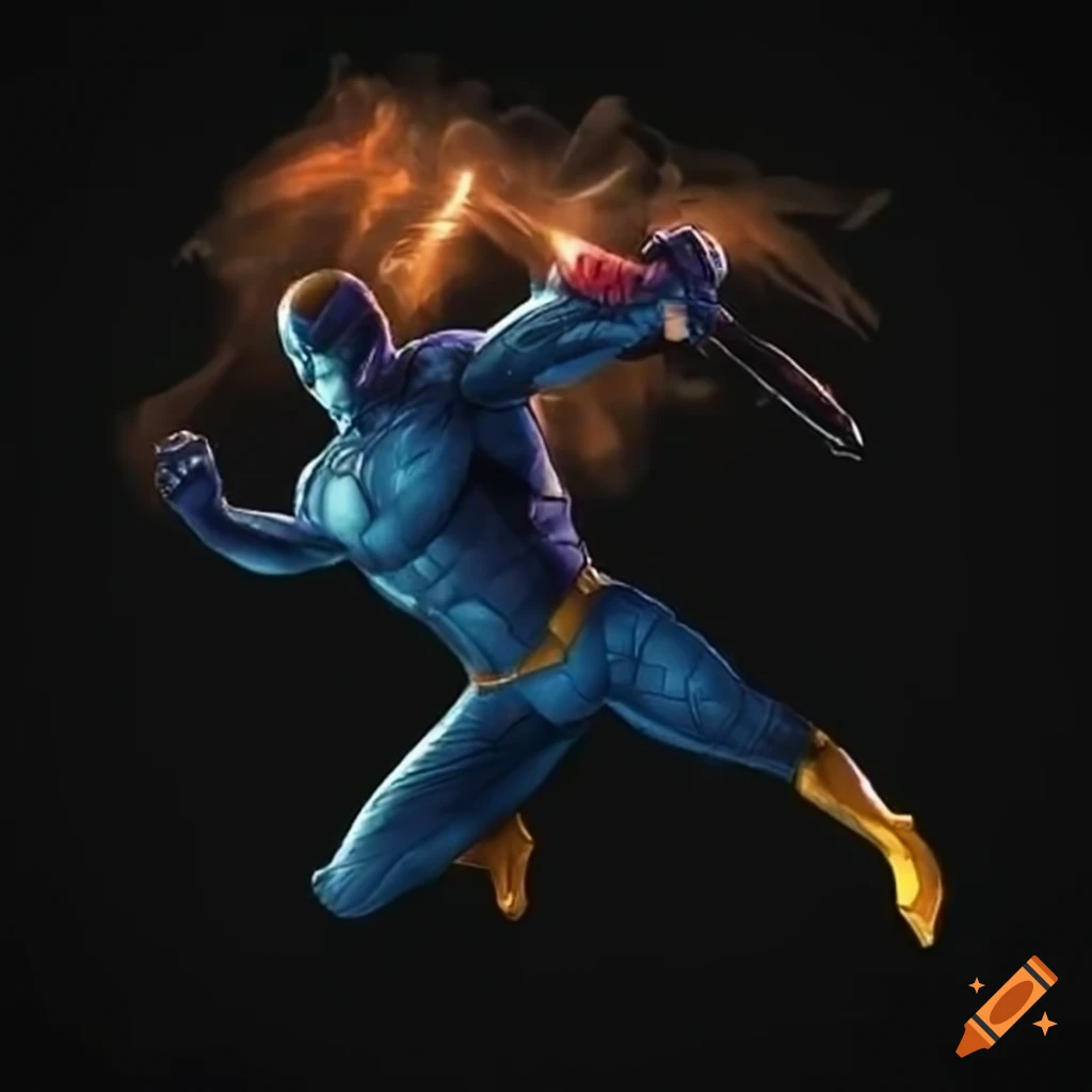 Flying superhero using weapons in a mega-sized form on Craiyon