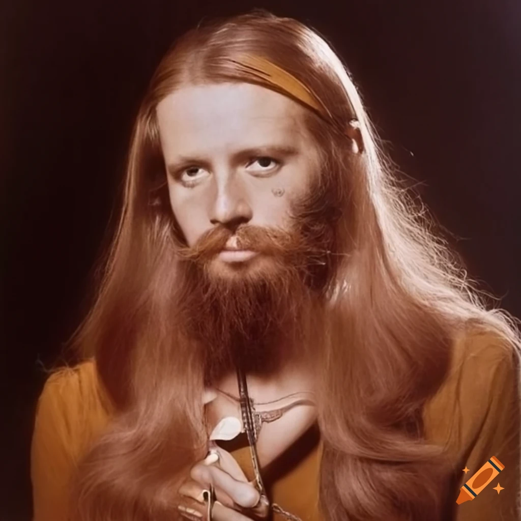 Rockstar with long dirty blond hair and beard in a 60s setting on Craiyon