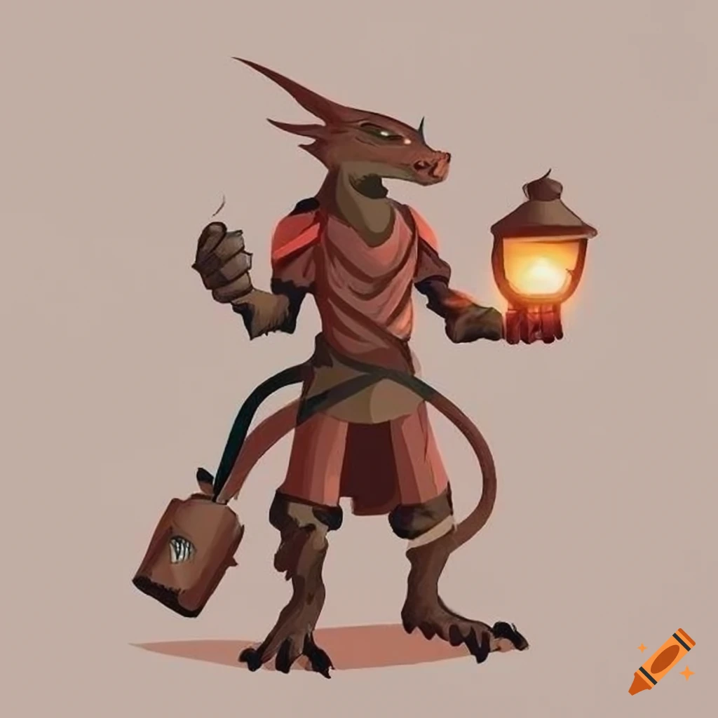Copper-skinned kobold adventurer holding a lantern on Craiyon