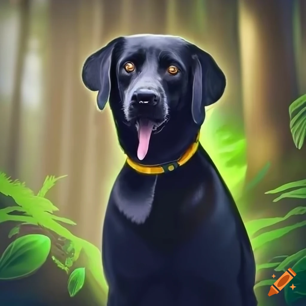 Captivating black Labrador Retriever in a lush forest setting on Craiyon