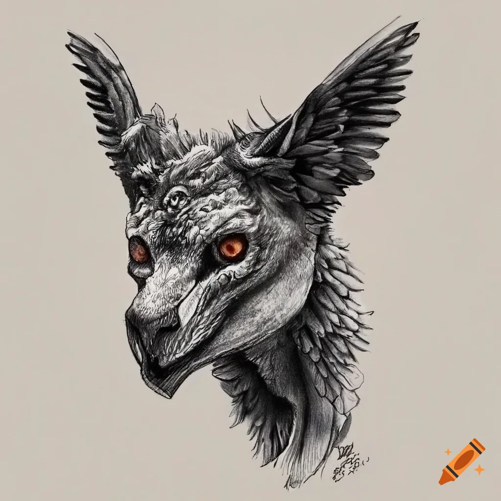 Elegant winged beast in an ink drawing on Craiyon