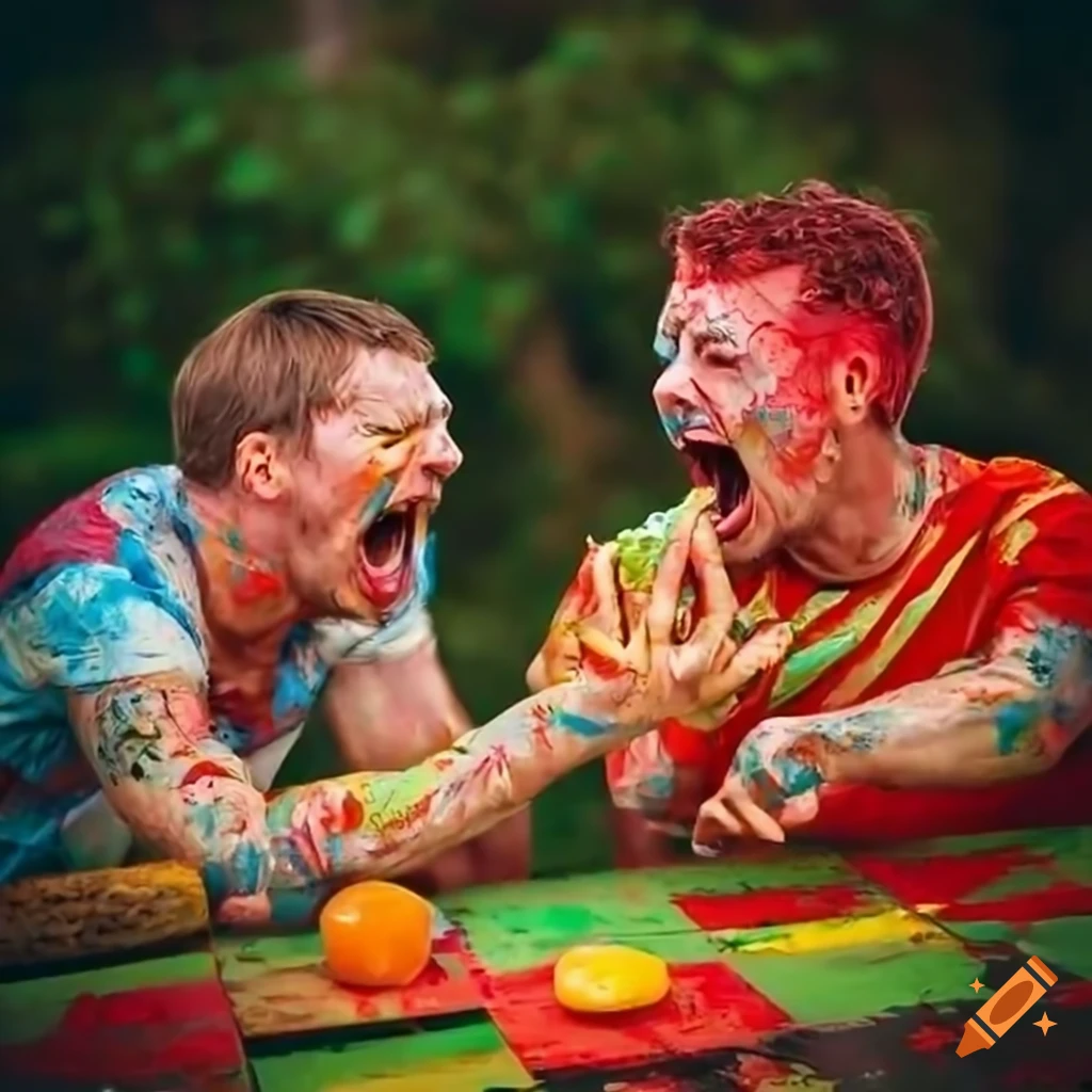 Men playing messy colourful food outdoor board games on Craiyon