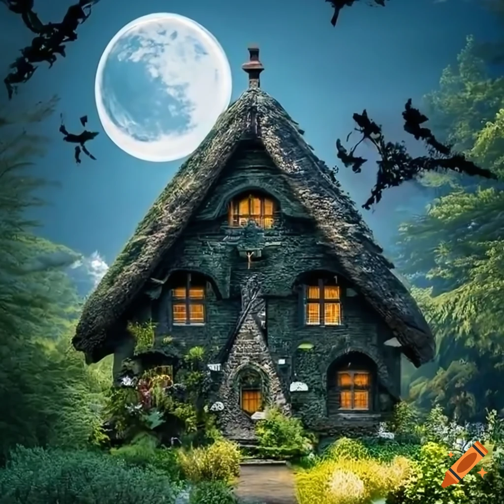 Whimsical gothic fantasy cottage with lush strawberry garden in a ...