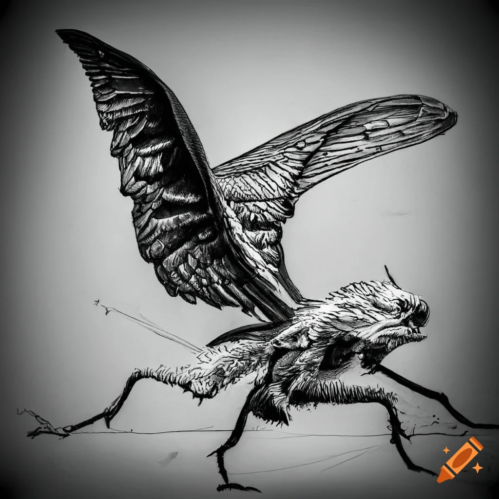 Elegant winged beast in ink drawing on Craiyon