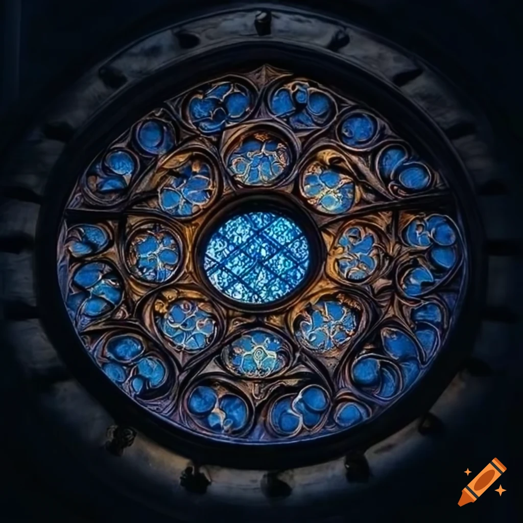Circular gothic window backlit at nighttime on Craiyon