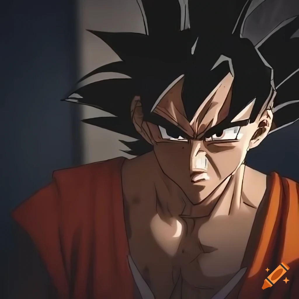 Sad goku with a realistic touch inspired by yu gi oh on Craiyon