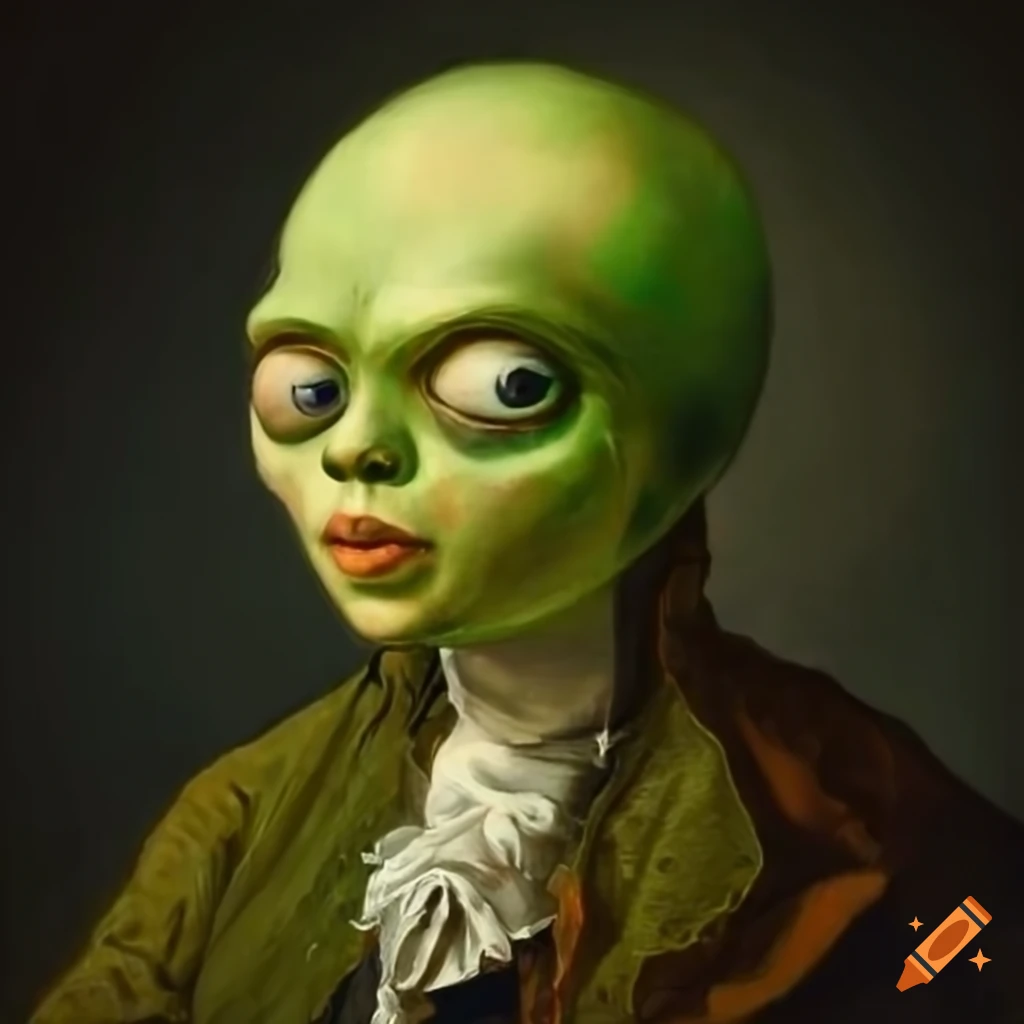 1700s painting portrait of green alien with antennas in classic attire ...