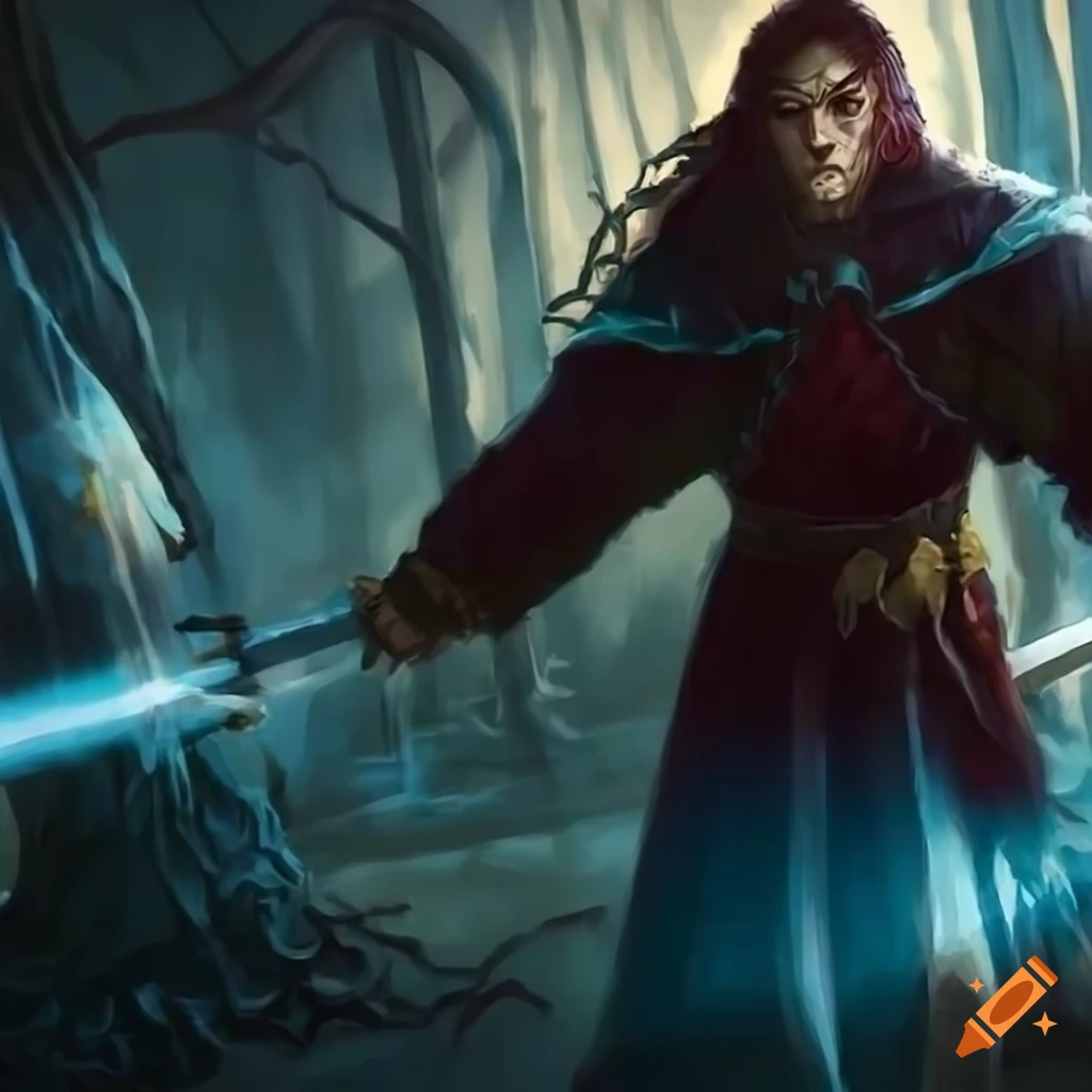 Detailed depiction of a sword duel in Magic the Gathering TCG artwork ...