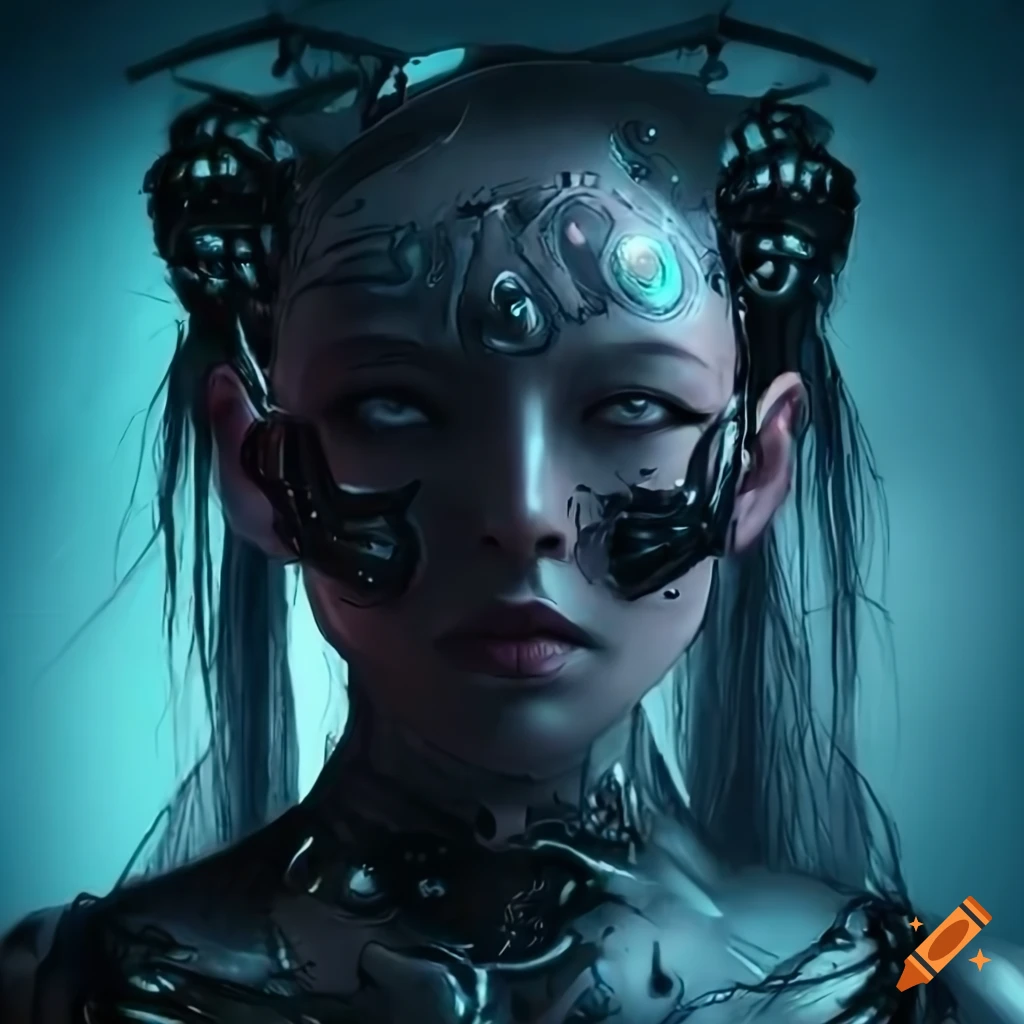 Female cyborg goddess in a dark cyberpunk cityscape on Craiyon
