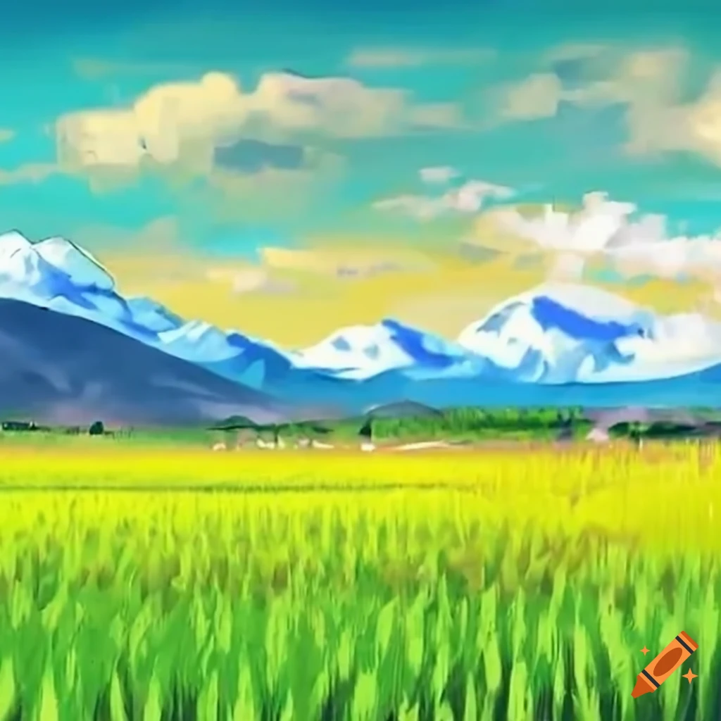 Greenfield rice field under a blue sky with mountain range and clouds ...