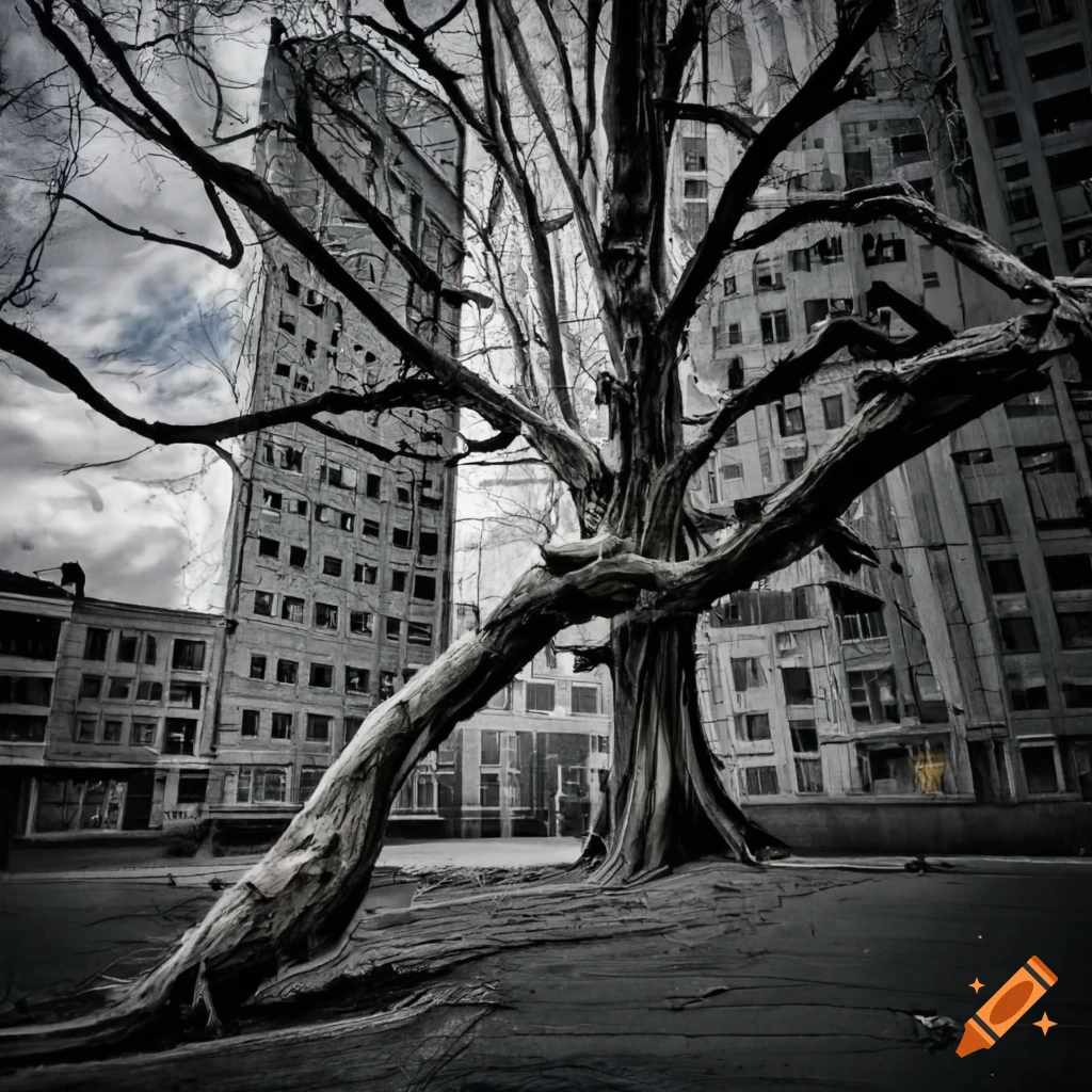 Urban landscape with a dead tree on Craiyon