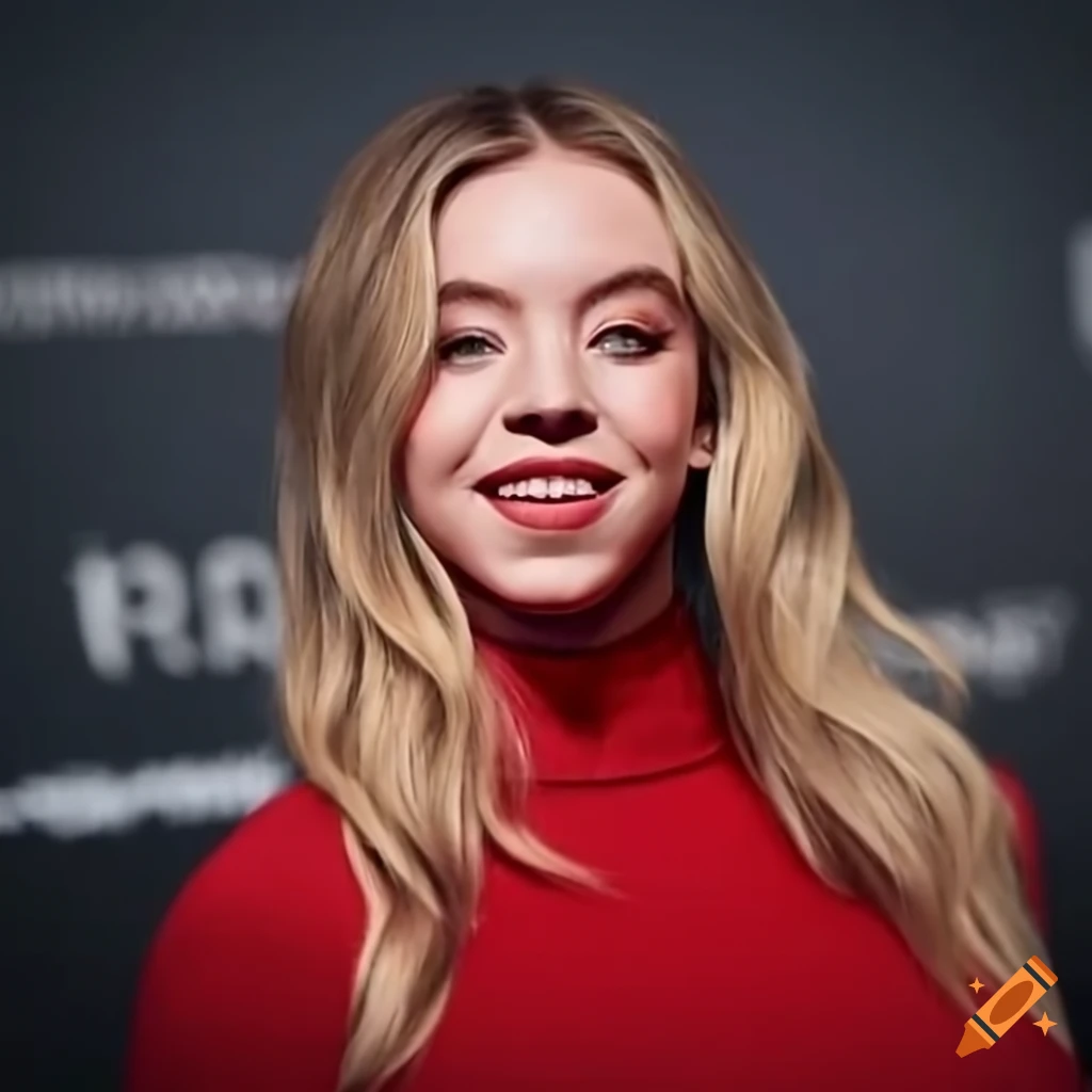 Sydney sweeney laughing in red dress on red carpet on Craiyon