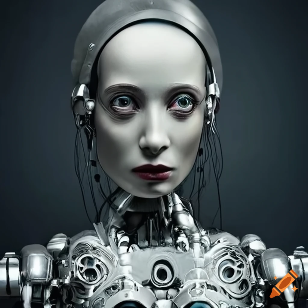 1920's inspired female robot head design with intricate details on Craiyon