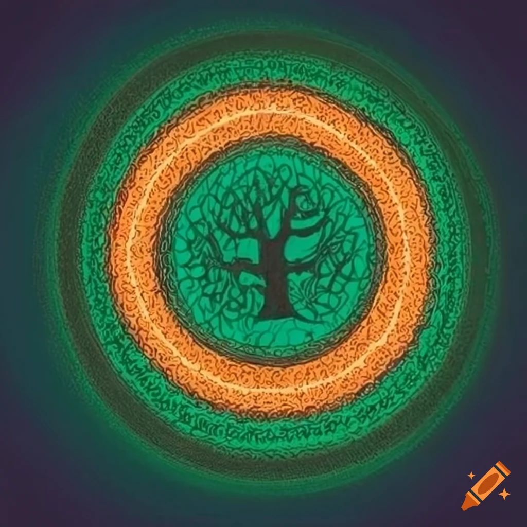 Vivid drawing of a traditional Erdtree symbol with orange and dark ...