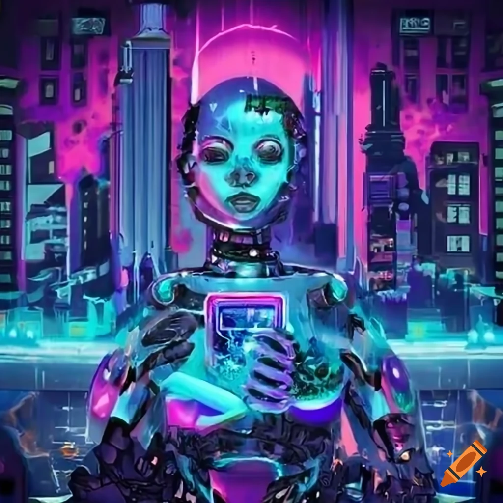 Cityscape blending biopunk and cyberpunk elements with cyborg animals ...