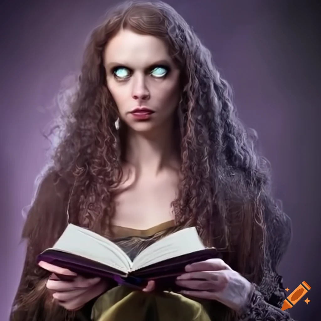Female wizard holding a book with a serious expression on Craiyon
