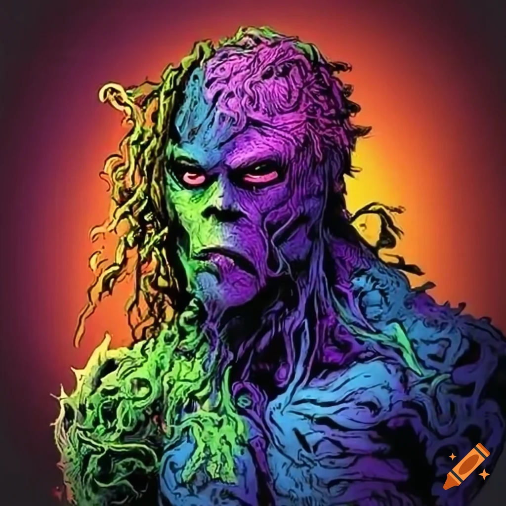 Colorful swirls depicting a transformed swamp thing on Craiyon