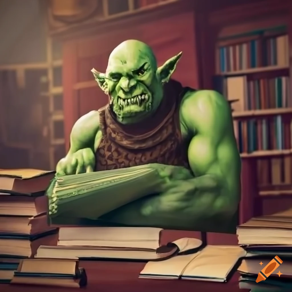 Orc sitting at a desk surrounded by books in a cluttered room on Craiyon