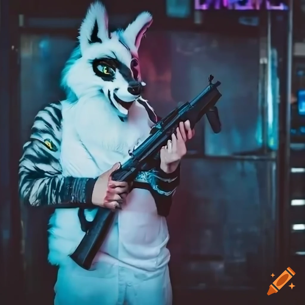 Male punk fox fursuit in cyberpunk attire holding a firearm on Craiyon