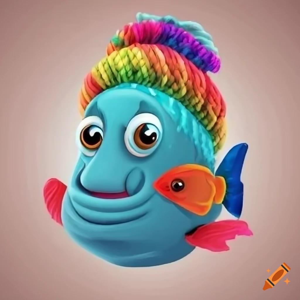Charming cartoon fish with colorful knitted beanie on Craiyon