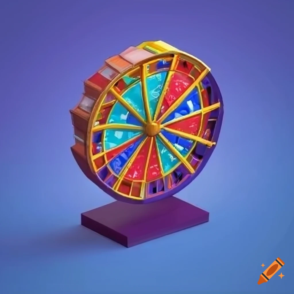 Isometric view of a multi-colored wheel of fortune in 3d drawing on Craiyon