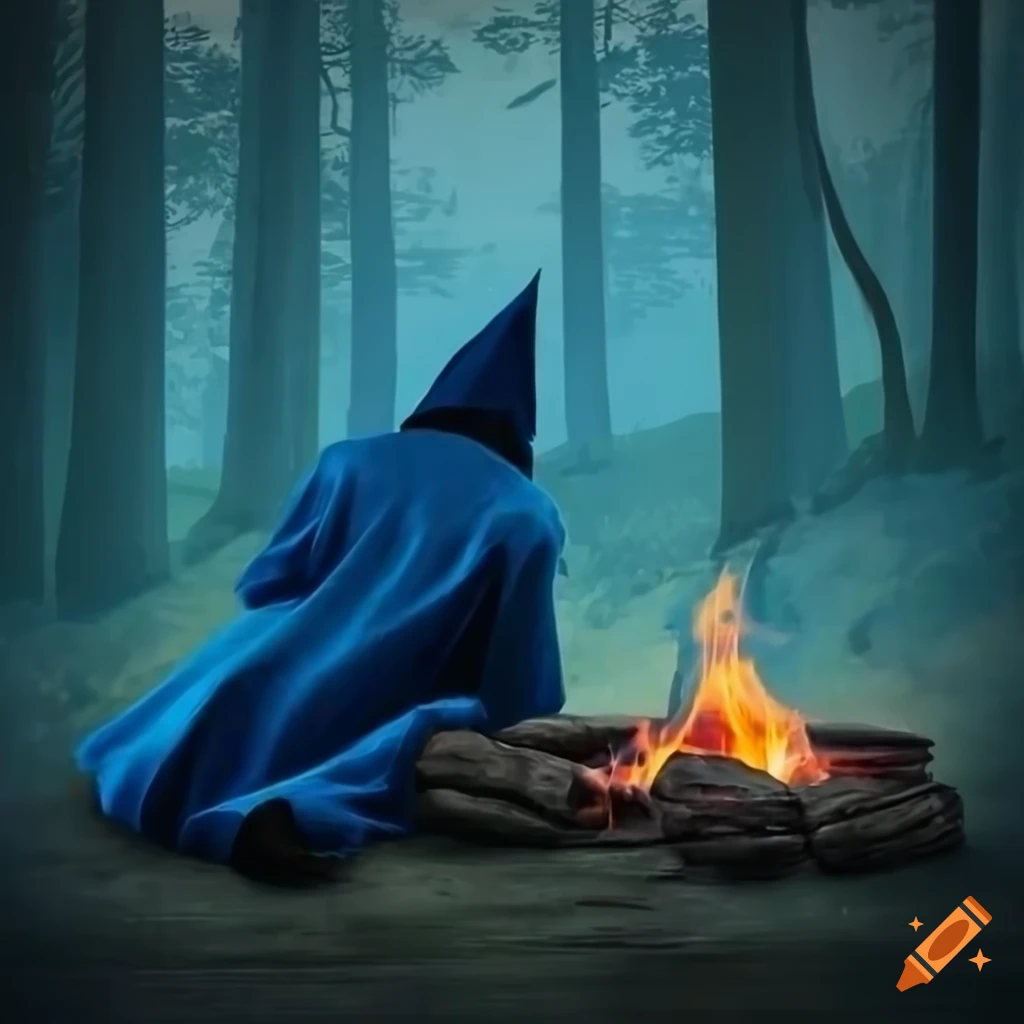 Wizard in blue robes near a campfire in the woods looking at distant tower on Craiyon