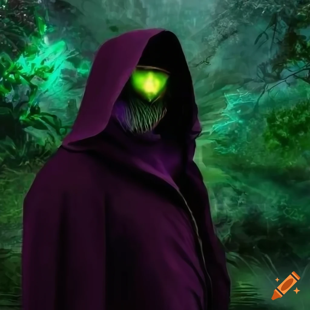 Dark purple hood with glowing green eyes and golden crown in a dark ...