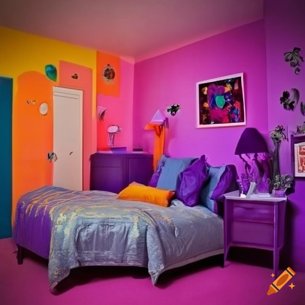 Colorful bedroom with pink, orange, and purple decor on Craiyon