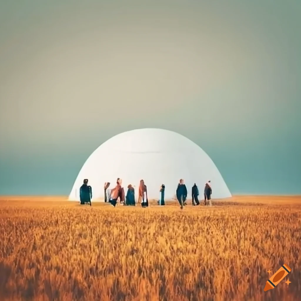 Group of people under an invisible white light dome in an empty field ...