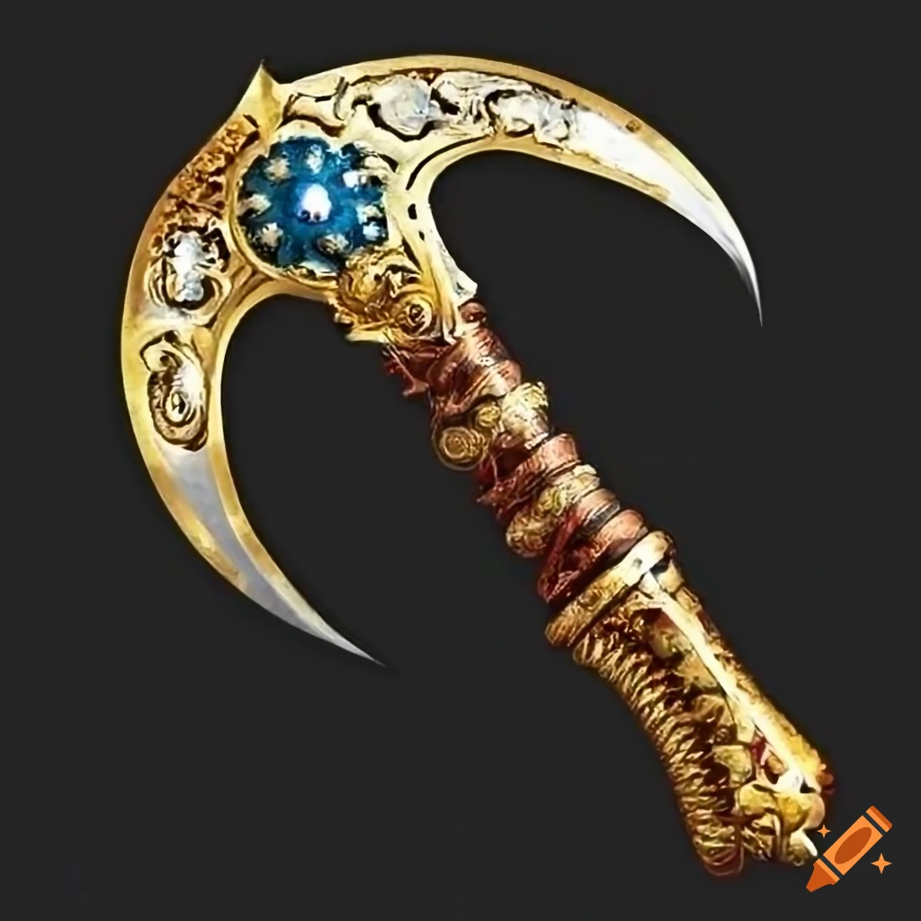 Golden fantasy-style decorated sickle on Craiyon