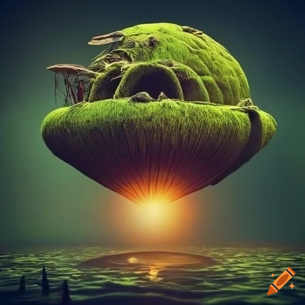 Surreal illustration of a moss-covered carbon magma structure over a ...