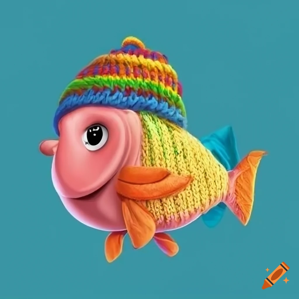 Cartoon fish in a colorful knitted beanie on Craiyon