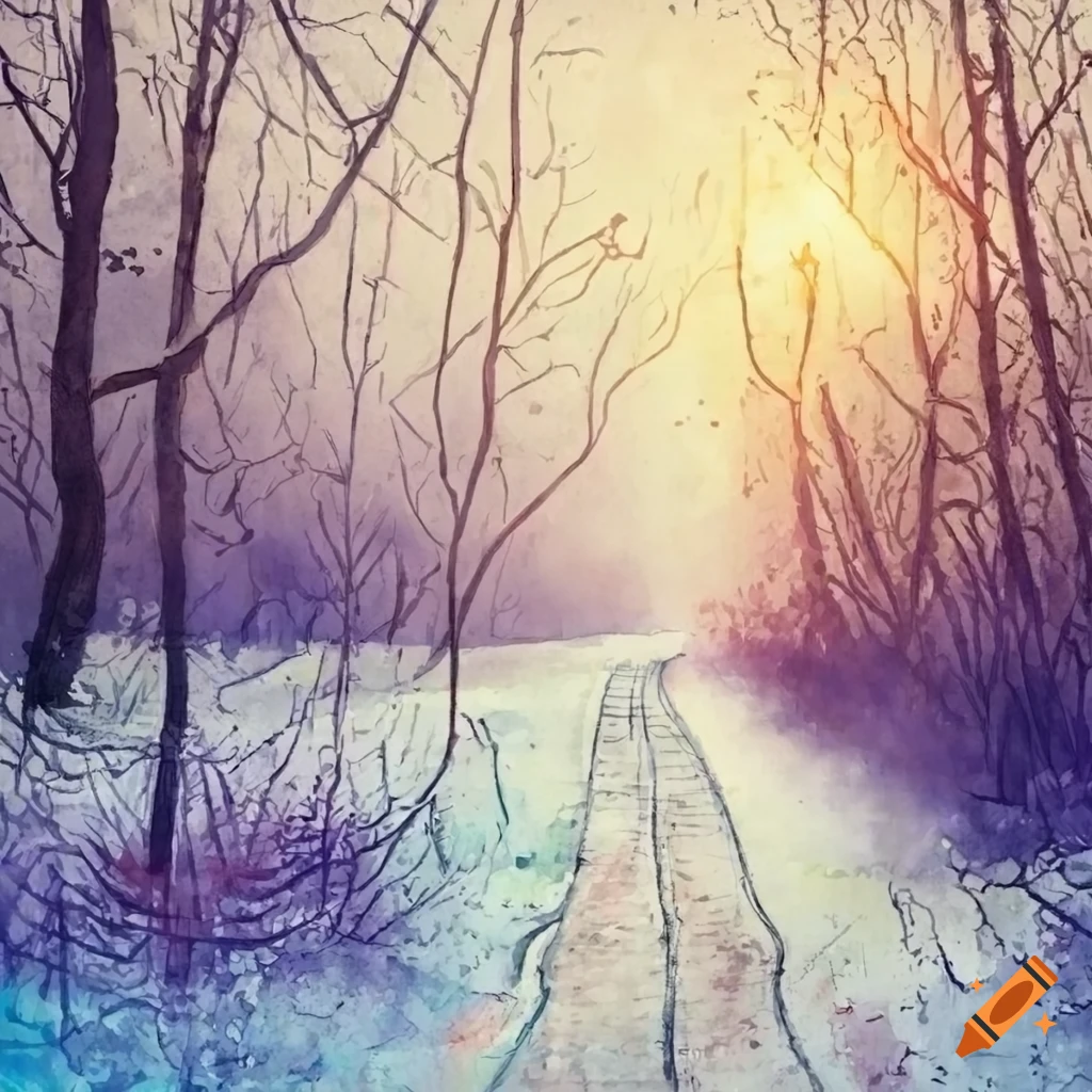 Serene winter path in the countryside captured in vintage watercolor on ...
