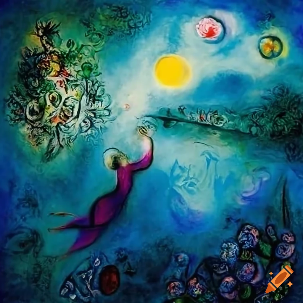 Surreal landscape painting by Marc Chagall with floating lovers and ...
