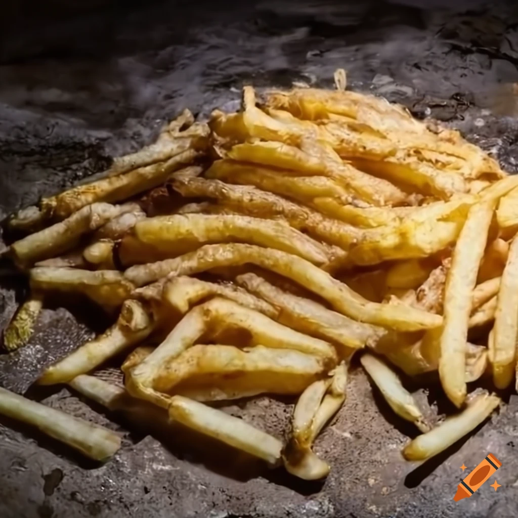 Pile of old fries and grease in a dark basement on Craiyon